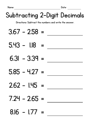 Subtracting 2-Digit Decimals Worksheets | Teaching Resources