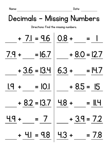 Adding Decimals - Missing Numbers Worksheets | Teaching Resources
