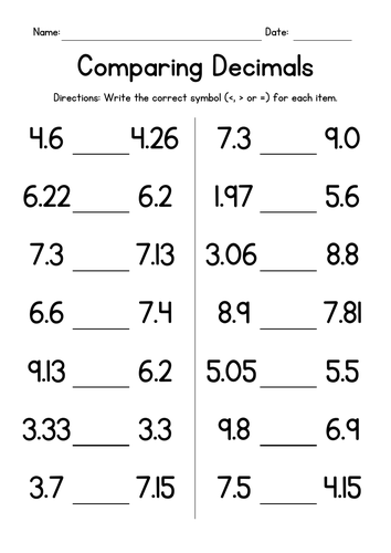 Comparing Decimals Worksheets | Teaching Resources