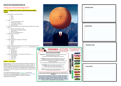 KS3 Art Writing Assessment - General Art Knowledge and Analysis of ...