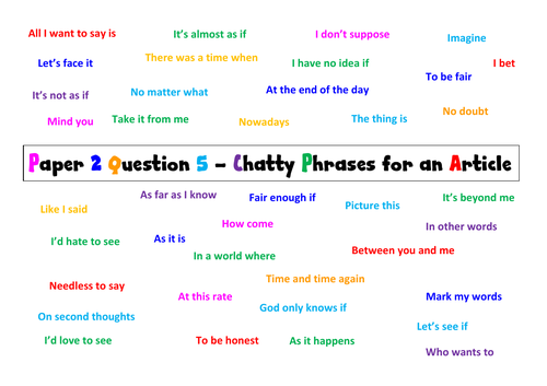 Chatty phrases for an article - Paper 2 Question 5 | Teaching Resources