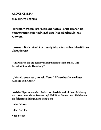 GERMAN A LEVEL A* revision sheet Max Frisch Andorra - summary and mock ...