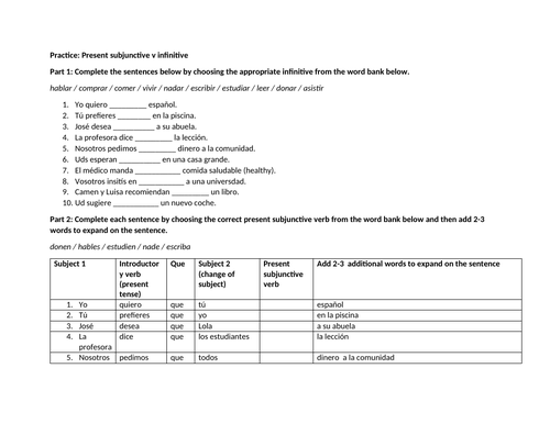 Subjunctive infinitive introductory practice | Teaching Resources