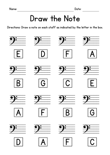 Draw The Note Music Worksheets - Bass Clef | Teaching Resources