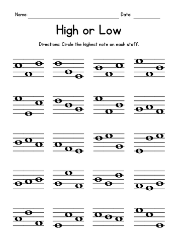 High or Low Music Worksheets - Note Reading Practice | Teaching Resources