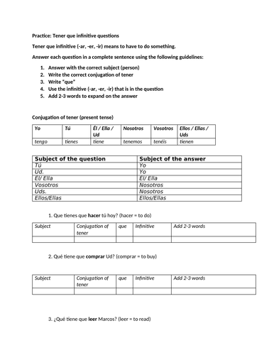 Tener que infinitive questions practice | Teaching Resources