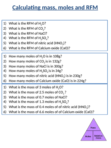 C3; Calculating the amount of substance in equations (mass, moles RFM ...