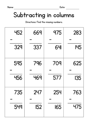 Subtracting from 3-Digit Numbers in Columns | Teaching Resources