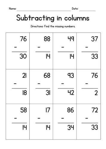 Subtracting from 2-Digit Numbers in Columns | Teaching Resources
