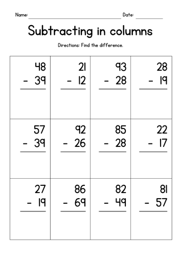 Subtracting 2-digit Numbers (with Borrowing) | Teaching Resources