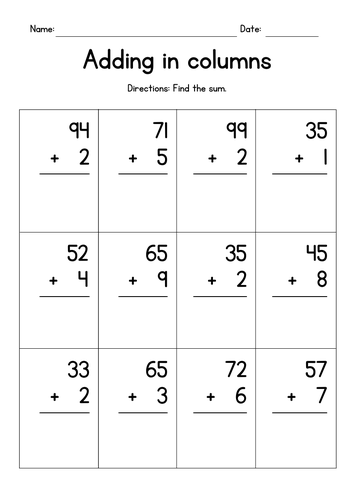 Adding 2-Digit and 1-Digit Numbers in Columns | Teaching Resources Adding 2-Digit and 1-Digit Numbers in Columns | Teaching Resources