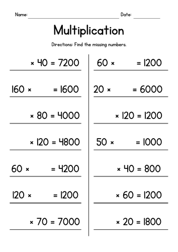 Multiplying by Whole Tens - Missing Numbers | Teaching Resources