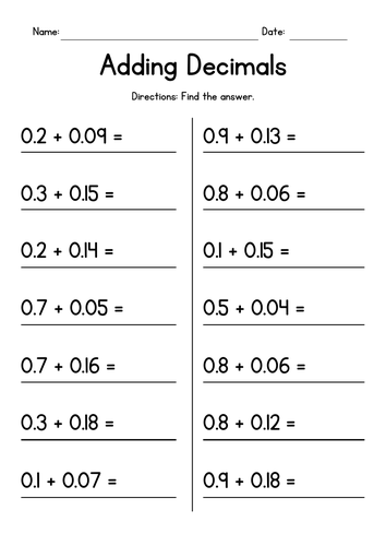 Adding Decimals (1-Digit plus 2-Digit) Worksheets | Teaching Resources