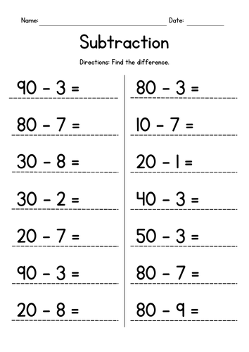 Subtracting 1-Digit Numbers from Whole Tens | Teaching Resources