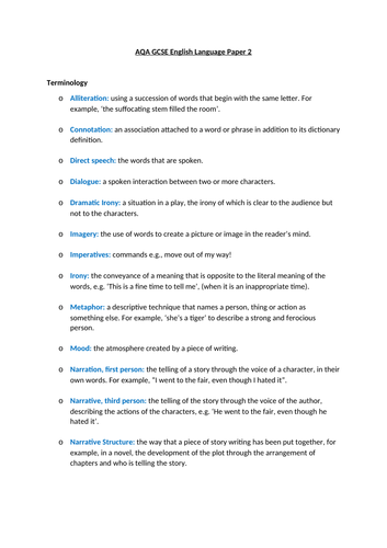 GCSE English Language Paper 2- TERMINOLOGY | Teaching Resources