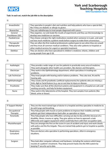 30 Roles in the NHS - Less Able Version | Teaching Resources