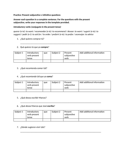 Present subjunctive v infinitive questions practice | Teaching Resources