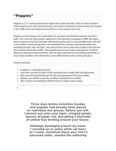 AQA GCSE POWER AND CONFLICT ANTHOLOGY POPPIES by Jane Weir ENGLISH ...