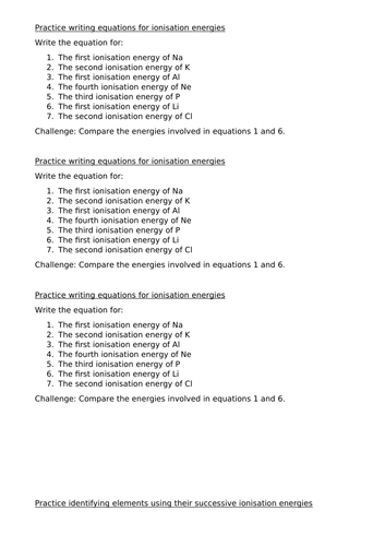 Ionisation energy activities | Teaching Resources
