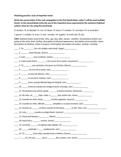 Imperfect tense uses matching practice | Teaching Resources