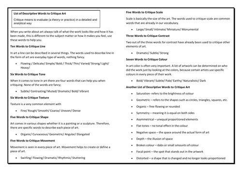 Descriptive Words to Critique Art | Teaching Resources