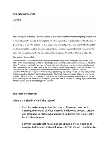 GCSE ENGLISH LITERATURE REVISION NOTES ON HEROES ROBERT CORMIER ...