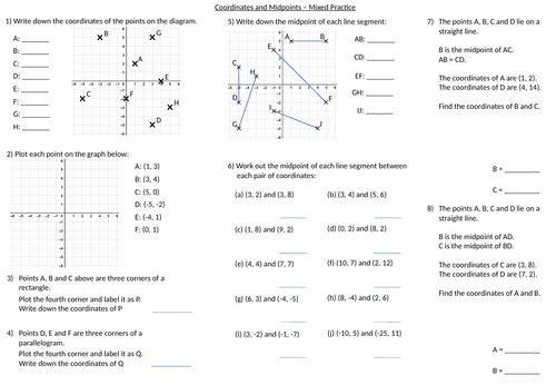 Coordinates and Midpoints Worksheet | Teaching Resources