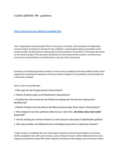 GERMAN A LEVEL INDIVIDUAL RESEARCH PROJECT lesson plan | Teaching Resources