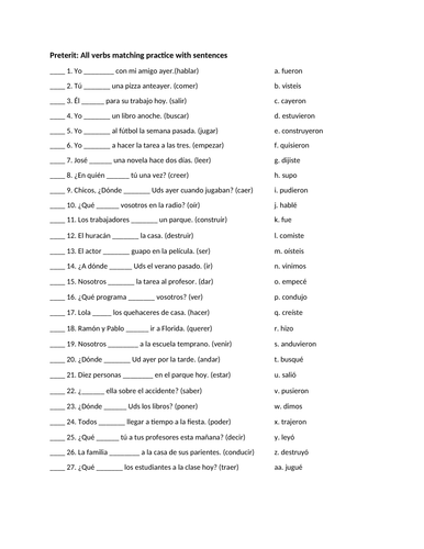Preterit all verbs sentences matching practice | Teaching Resources