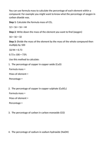 Percentage composition worksheet | Teaching Resources