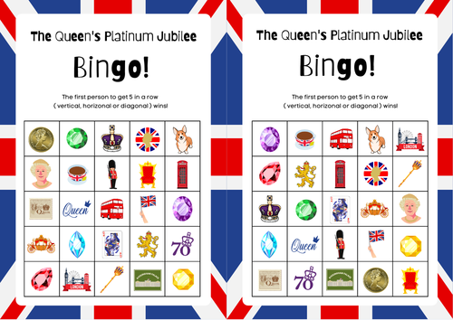 The Queen's Platinum Jubilee Bingo Game 7X Bingo Cards and 1 Grid Card ...