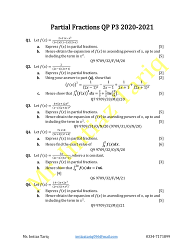 Math A Level 9709 Partial Fractions QP P3 2020-2021 | Teaching Resources