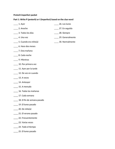 Preterit imperfect packet | Teaching Resources