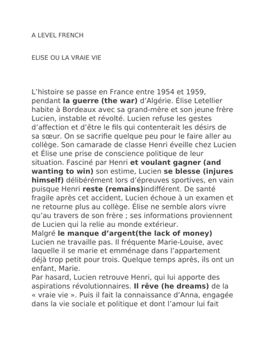 ELISE OU LA VRAIE VIE French A Level revision notes | Teaching Resources