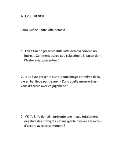 Faïza Guène : Kiffe kiffe demain Revision: Mock Exam Questions A LEVEL ...