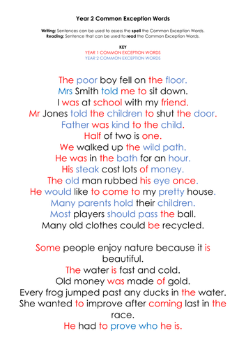 Year 1/Year 2 Common Exception Words Sentences for Spelling and Reading ... Year 1/Year 2 Common Exception Words Sentences for Spelling and Reading ...
