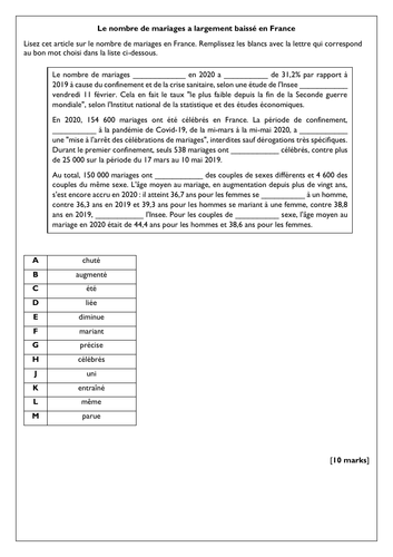 French A Level Reading AQA Gap Fill Exam Practice (5 Questions ...