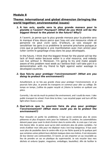 GCSE edxecel French Module 8 speaking answers | Teaching Resources