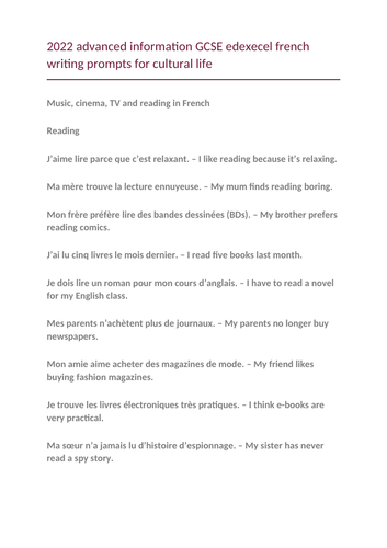 2022 advanced information GCSE edexecel french writing prompts for ...