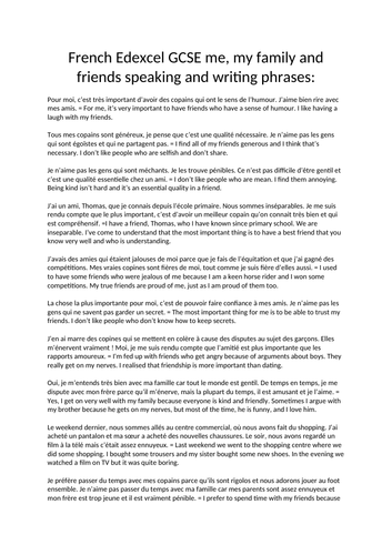 French edexcel GCSE Me, my family and friends speaking and writing ...