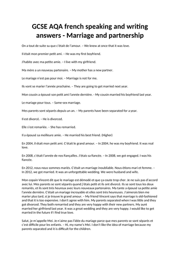 GCSE AQA french speaking and writing answers - Marriage and partnership ...