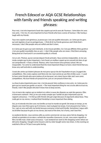 French AQA GCSE Relationships with family and friends speaking and ...