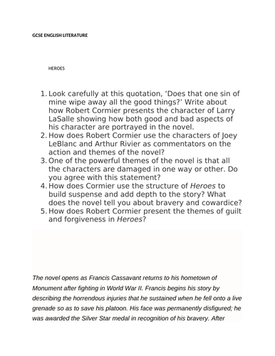 GCSE A* ENGLISH LITERATURE - THE MAIN THEMES OF Heroes | Teaching Resources