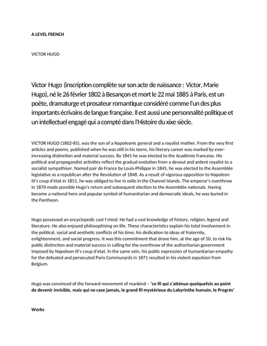 International Baccalaureat A LEVEL FRENCH - fact sheet VICTOR HUGO and ...