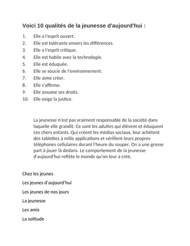 GCSE FRENCH vocabulary for discussing youth of today/ teenagers ...