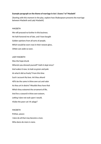 Example paragraph on the theme of marriage in Act 1 Scene 7 of ‘Macbeth ...