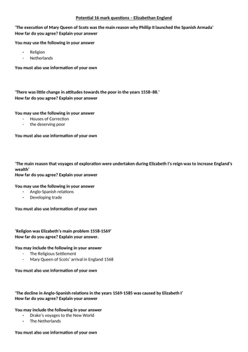 Elizabethan England 16 mark questions Edexcel GCSE History | Teaching ... Elizabethan England 16 mark questions Edexcel GCSE History | Teaching ...