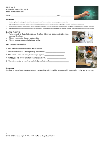 Drugs Classification - PSHE - Year 9 | Teaching Resources