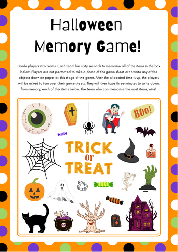 Halloween Team Building Memory Fun Game. Lesson Starter / Filler ...