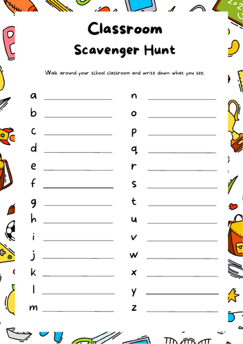 Classroom Scavenger Hunt - Hunt for Items A-Z. Back to School Team ...